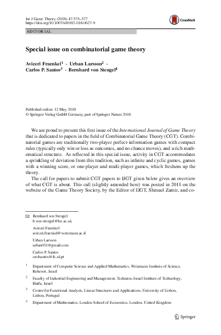 Pdf Special Issue On Combinatorial Game Theory