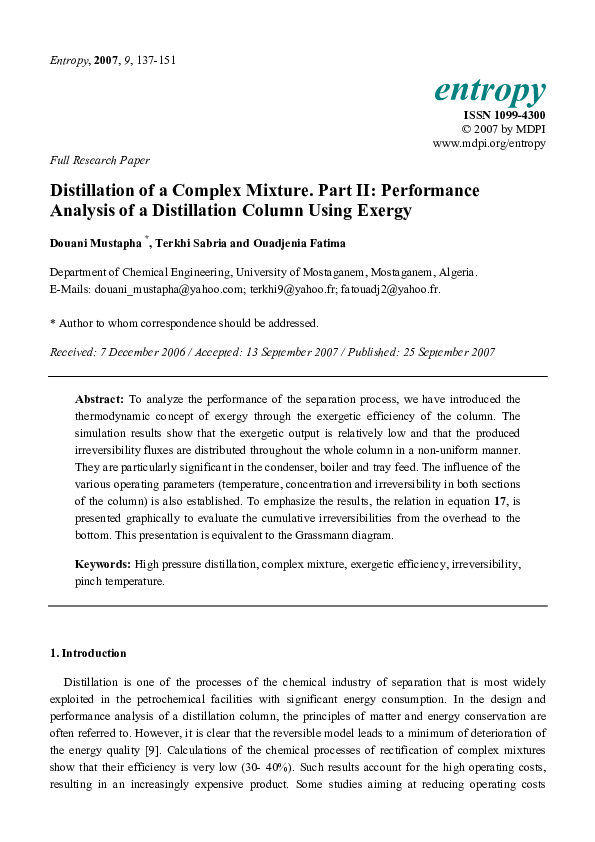 (PDF) Distillation of a Complex Mixture. Part II: Performance Analysis of a Distillation Column ...