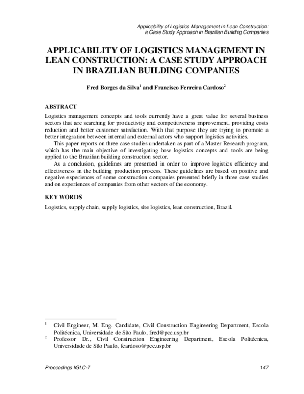 (PDF) Applicability of Logistics Management in Lean Construction: A ...