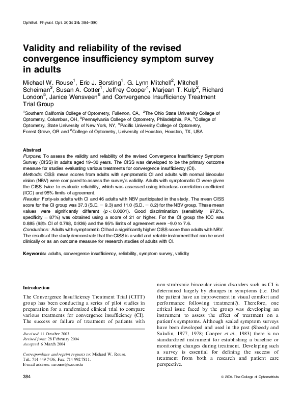 (PDF) Validity and reliability of the revised convergence insufficiency ...