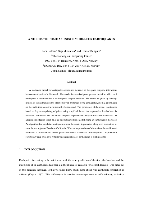 Pdf A Stochastic Time And Space Model For Earthquakes