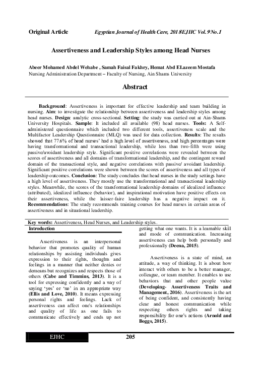 (PDF) Assertiveness and Leadership Styles among Head Nurses (PDF) Assertiveness and Leadership Styles among Head Nurses