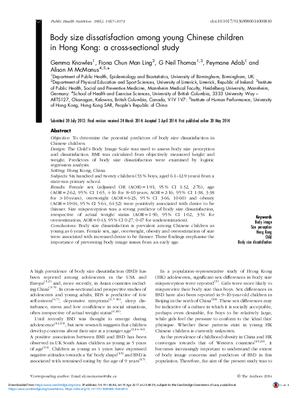 (PDF) Body size dissatisfaction among young Chinese children in Hong ...