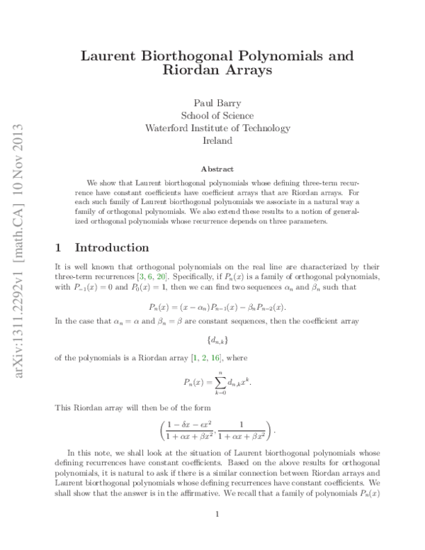 Pdf Laurent Biorthogonal Polynomials And Riordan Arrays Paul Barry