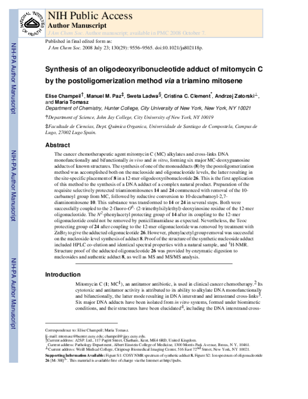 (PDF) Synthesis of an Oligodeoxyribonucleotide Adduct of Mitomycin C by ...