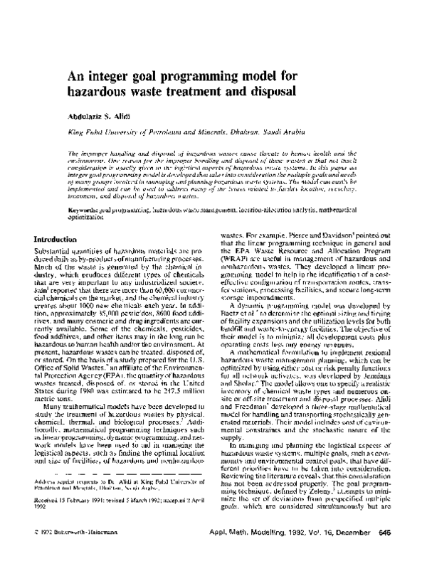 (PDF) An integer goal programming model for hazardous waste treatment ...