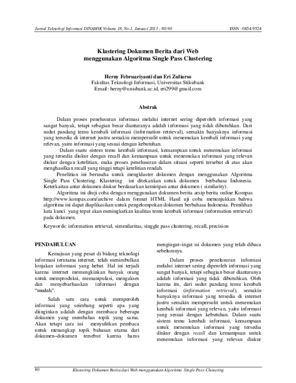 (PDF) Klastering Dokumen Berita Dari Web Menggunakan Algoritma Single Pass Clustering