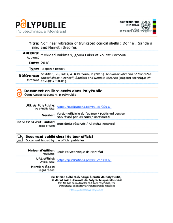 (PDF) Nonlinear Vibration of Truncated Conical Shells: Donnell, Sanders ...