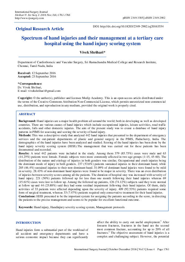 Spectrum of hand injuries and their management at a tertiary care ...