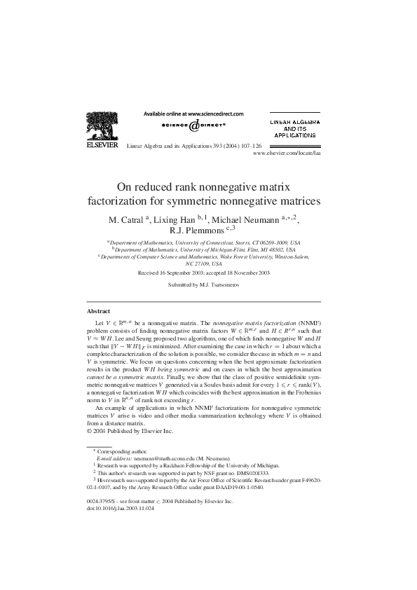 (PDF) On reduced rank nonnegative matrix factorization for symmetric ...