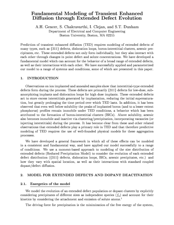 (PDF) Fundamental Modeling of Transient Enhanced Diffusion through Extended Defect Evolution
