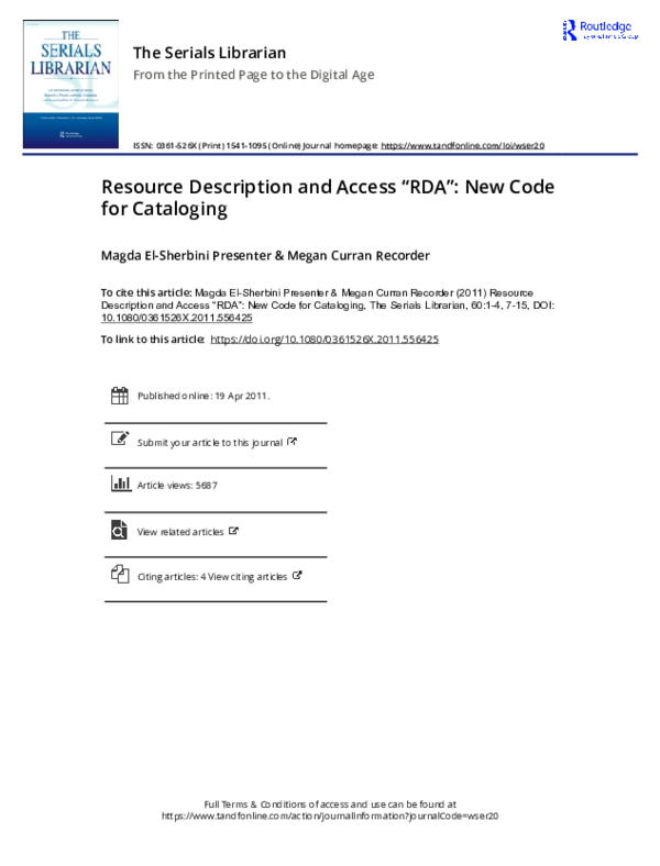 (PDF) Resource Description and Access “RDA”: New Code for Cataloging