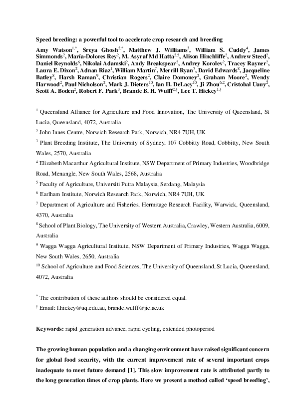 (PDF) Speed breeding is a powerful tool to accelerate crop research and ...