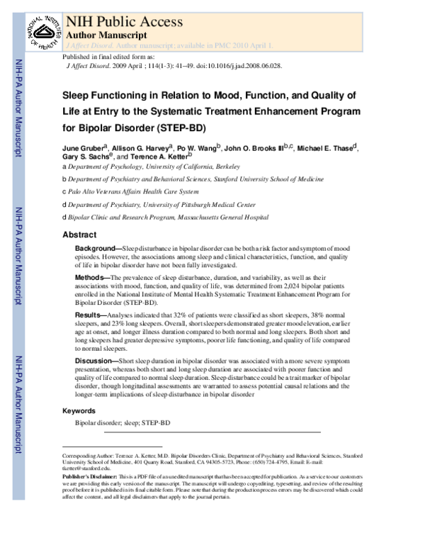 (PDF) Sleep functioning in relation to mood, function, and quality of ...