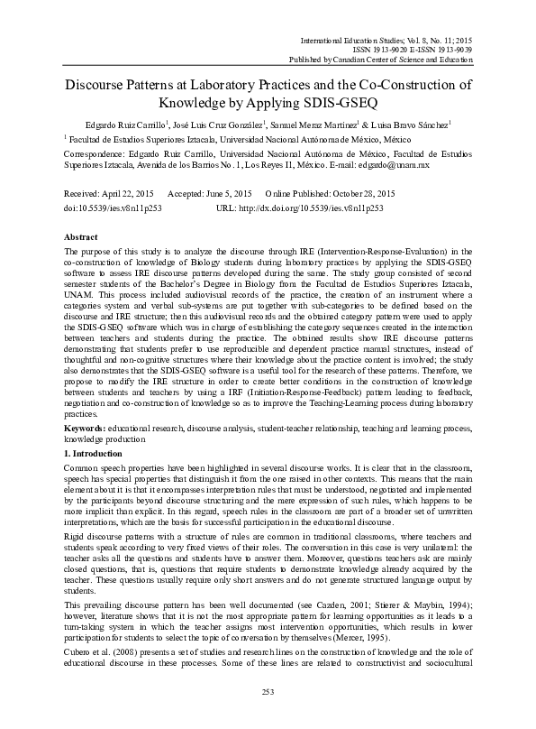 (PDF) Discourse Patterns at Laboratory Practices and the Co-Construction of Knowledge by ...