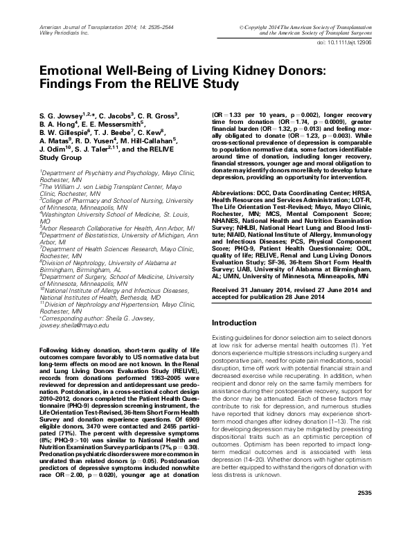 (PDF) Emotional well-being of living kidney donors: findings from the ...