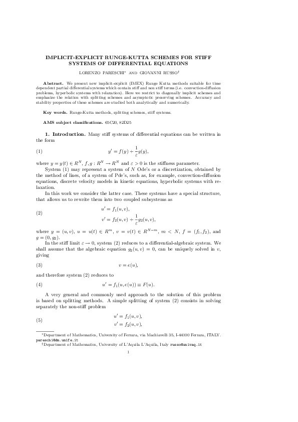 Pdf Implicit Explicit Runge Kutta Schemes For Stiff Systems Of