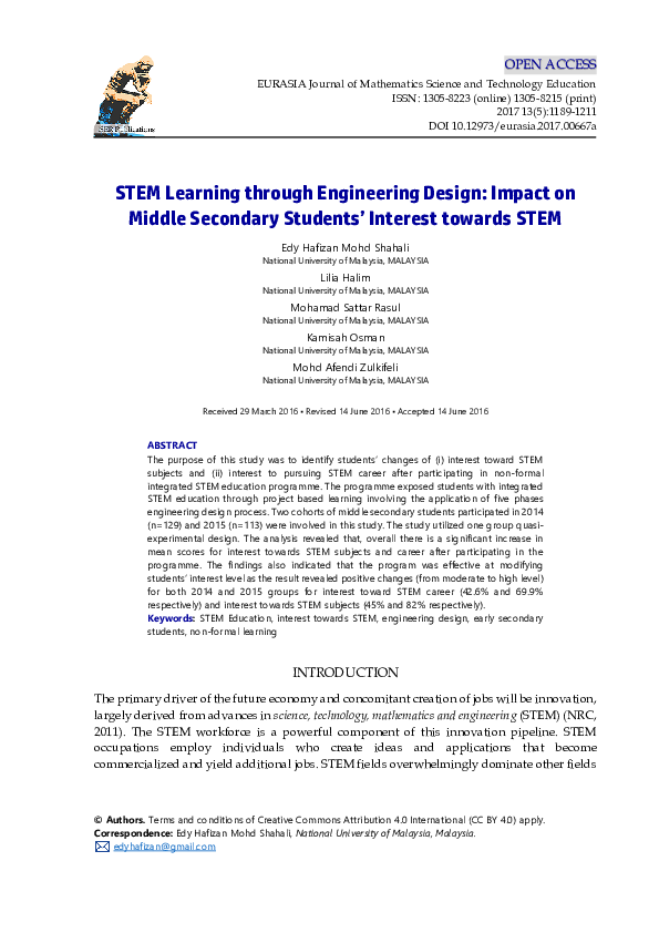 (PDF) STEM Learning through Engineering Design: Impact on Middle ...