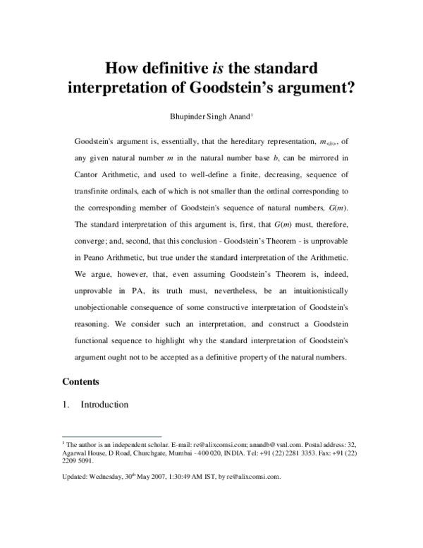 (PDF) How definitive is the standard interpretation of Goodstein's argument?