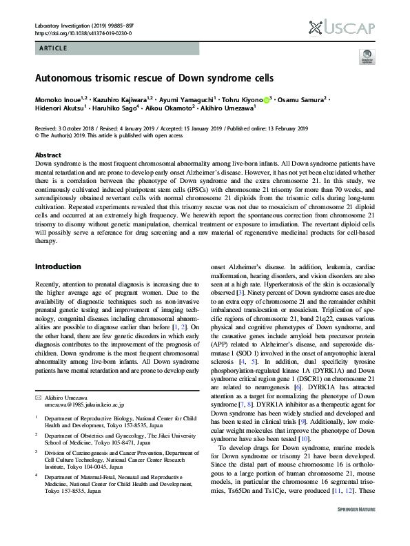 (PDF) Autonomous trisomic rescue of Down syndrome cells