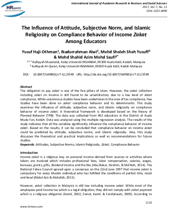 (PDF) The Influence of Attitude, Subjective Norm, and Islamic Religiosity on Compliance Behavior ...