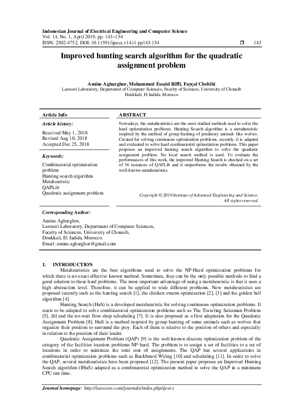 Pdf Improved Hunting Search Algorithm For The Quadratic Assignment
