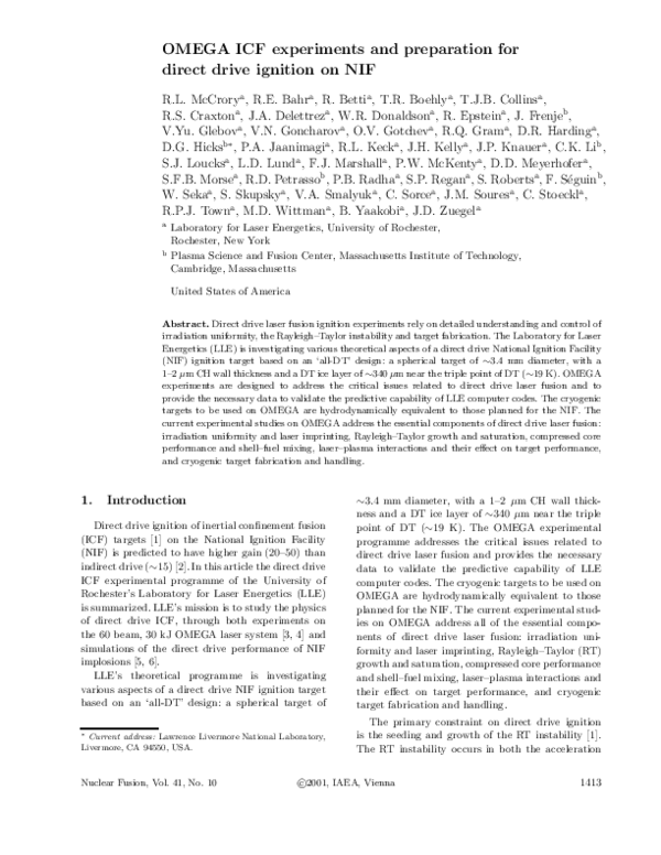 (PDF) OMEGA ICF experiments and preparation for direct drive ignition ...