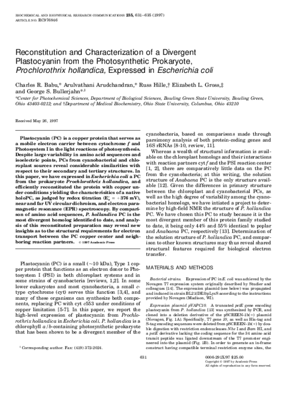(PDF) Reconstitution and Characterization of a Divergent Plastocyanin ...