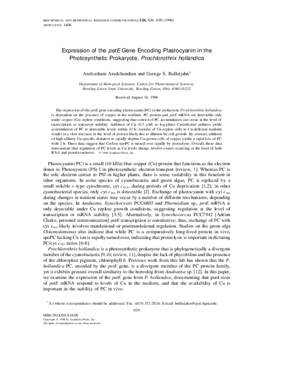 (PDF) Expression of thepetEGene Encoding Plastocyanin in the ...