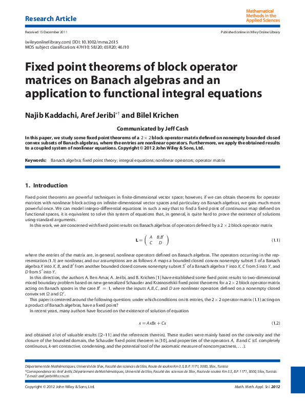 Pdf Fixed Point Theorems Of Block Operator Matrices On Banach Algebras And An Application To 