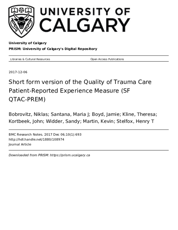 (PDF) Short form version of the Quality of Trauma Care Patient-Reported ...