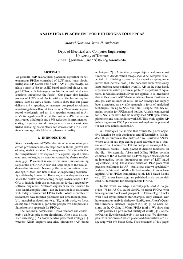 (PDF) Analytical placement for heterogeneous FPGAs