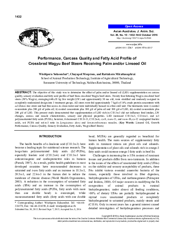 (PDF) Performance, Carcass Quality and Fatty Acid Profile of Crossbred Wagyu Beef Steers ...