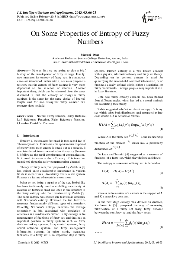 (PDF) On Some Properties of Entropy of Fuzzy Numbers