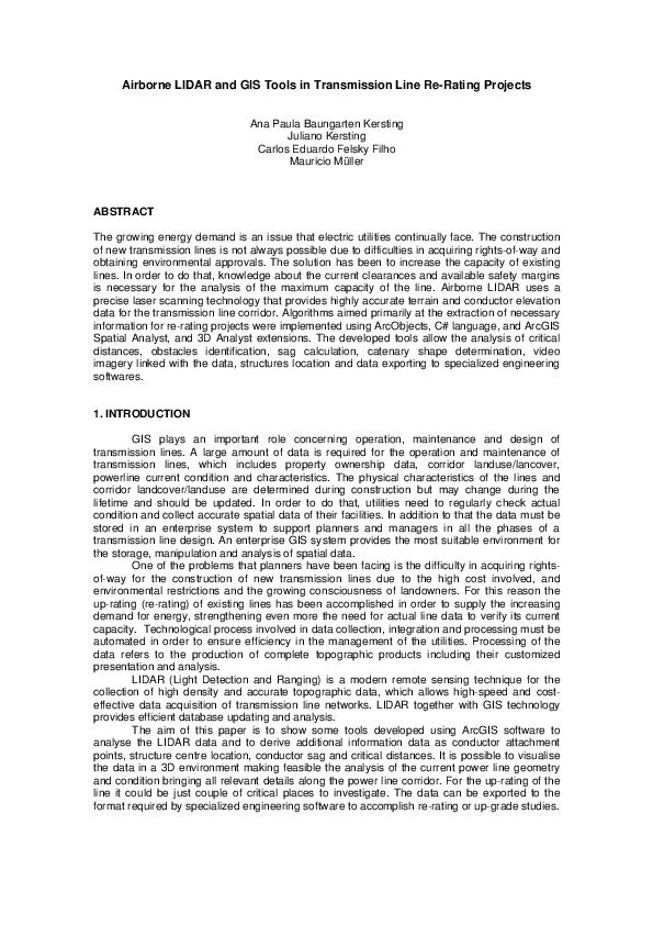 (PDF) Airborne LIDAR and GIS Tools in Transmission Line Re-Rating Projects