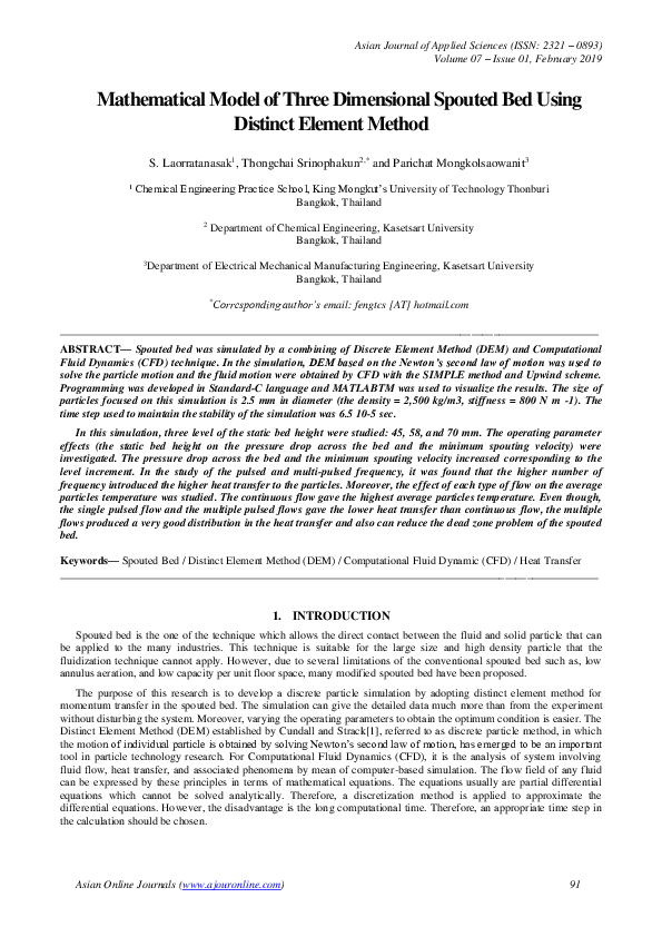 (PDF) Mathematical Model of Three Dimensional Spouted Bed Using Distinct Element Method