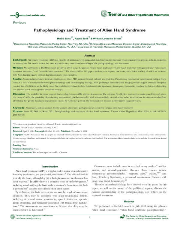 (PDF) Pathophysiology and treatment of alien hand syndrome