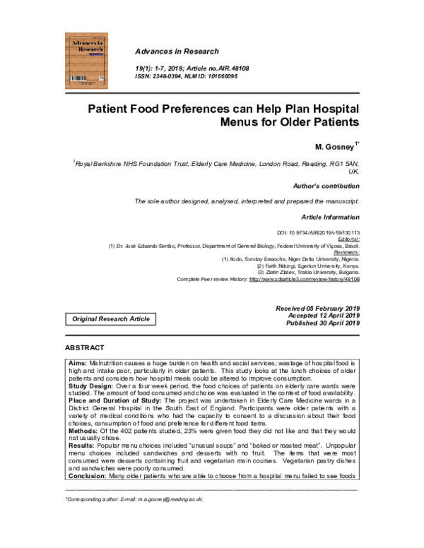 (PDF) Patient Food Preferences can Help Plan Hospital Menus for Older ...