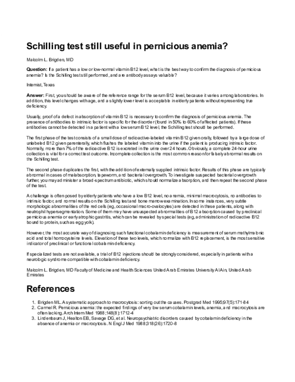 (PDF) Schilling test still useful in pernicious anemia?