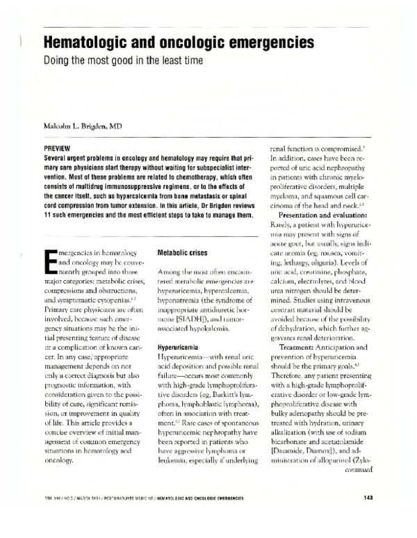 (PDF) Hematologic and oncologic emergencies. Doing the most good in the ...