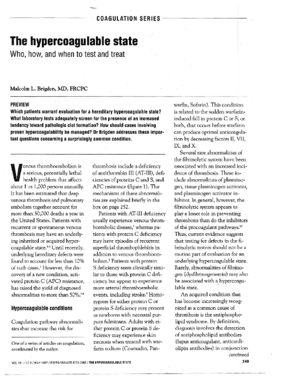 (PDF) The Hypercoagulable State Who, how, and when to test and treat