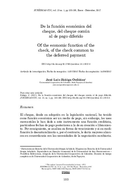 (PDF) De la función económica del cheque, del cheque común al de pago ...