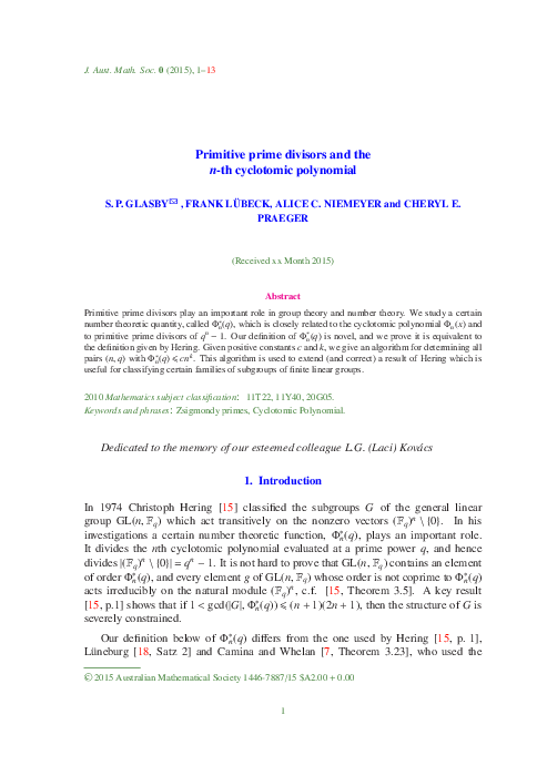 (PDF) Primitive prime divisors and the n-th cyclotomic polynomial