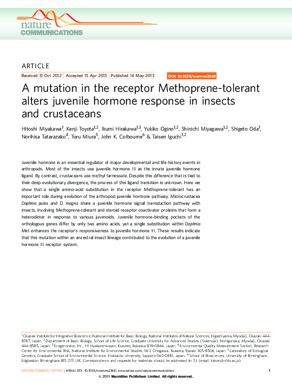 (PDF) A mutation in the receptor Methoprene-tolerant alters juvenile ...