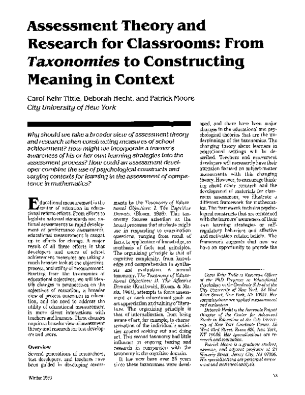 (PDF) Assessment Theory and Research for Classrooms: From Taxonomies to ...