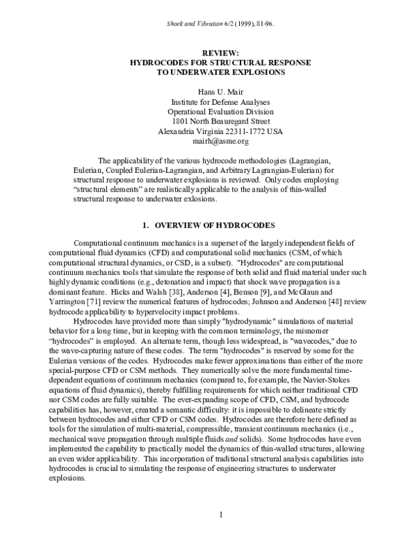 (PDF) Review: Hydrocodes for Structural Response to Underwater Explosions