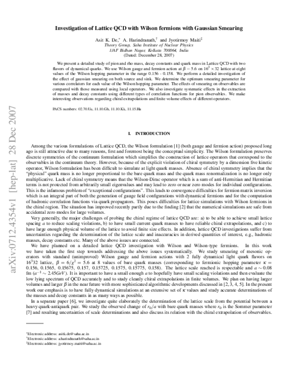 (PDF) Investigation of Lattice QCD with Wilson fermions with Gaussian ...