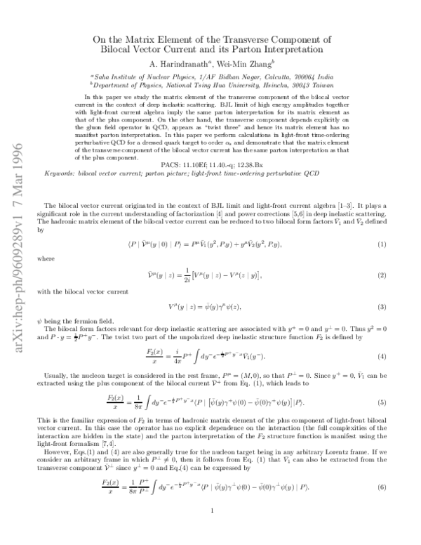 (PDF) The matrix element of the transverse component of the bilocal ...