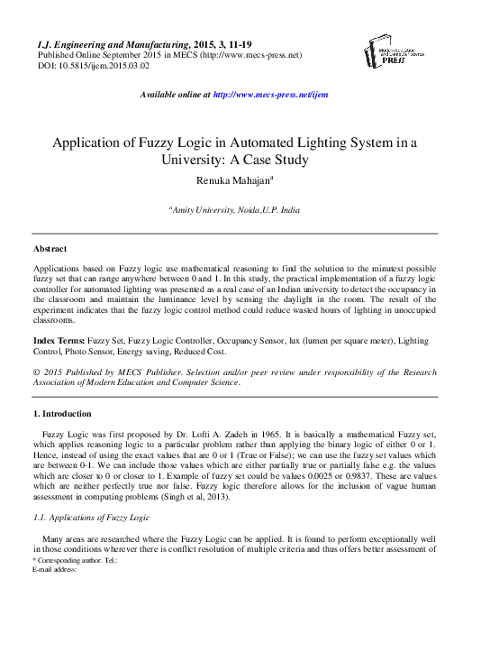 (PDF) Application of Fuzzy Logic in Automated Lighting System in a ...