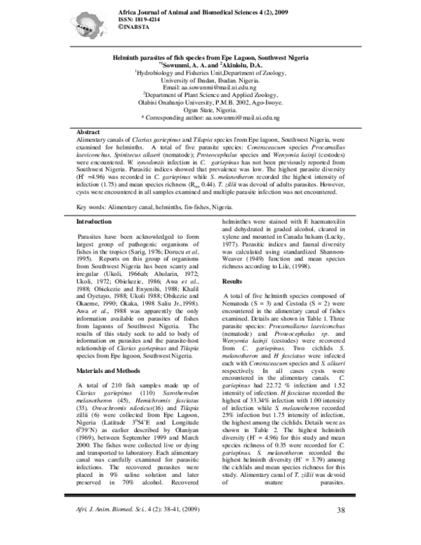 (PDF) Helminth parasites of fish species from Epe Lagoon, Southwest Nigeria